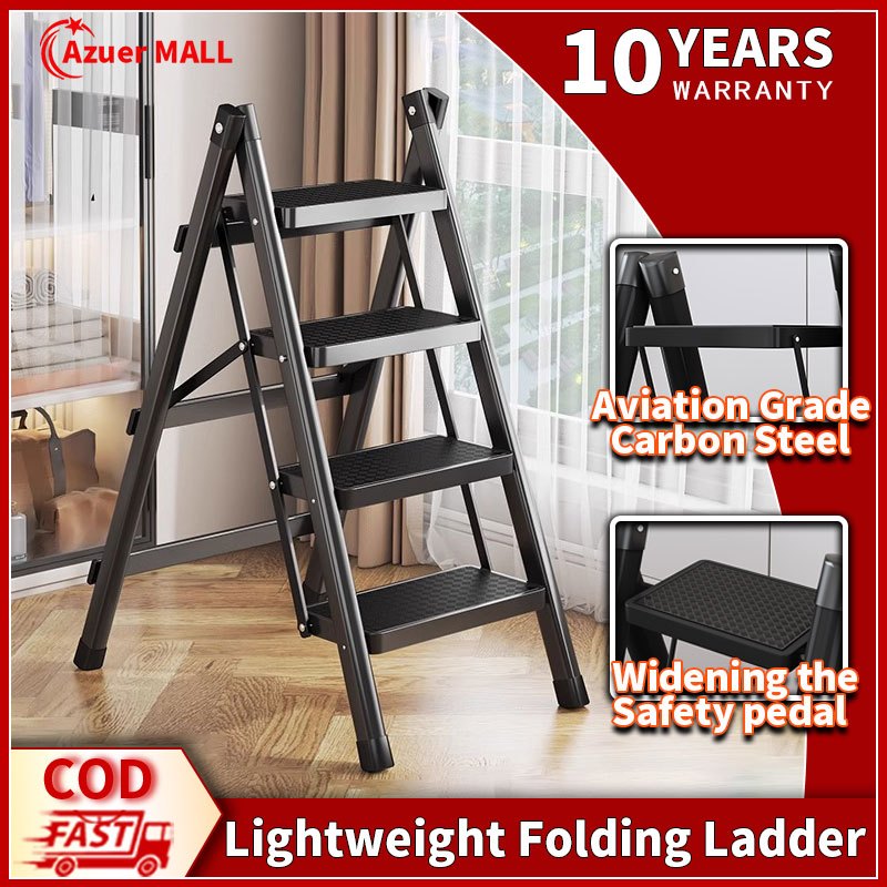 Azuer Carbon Steel 3/4Step Foldable Ladder Heavy Duty Sturdy Anti-slip ...