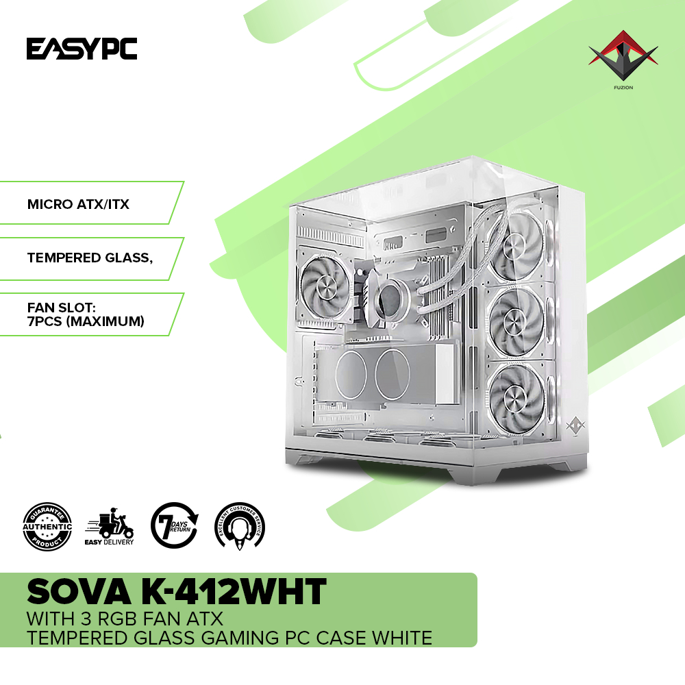 EasyPC| Fuzion SOVA K-412WHT with 3 RGB fan ATX Tempered Glass Gaming ...