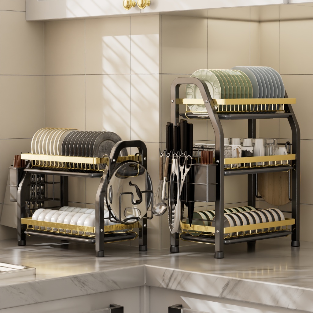 2/3 Tier Dish Drainer Dish Drying Rack Black Aesthetic Plate Organizer ...