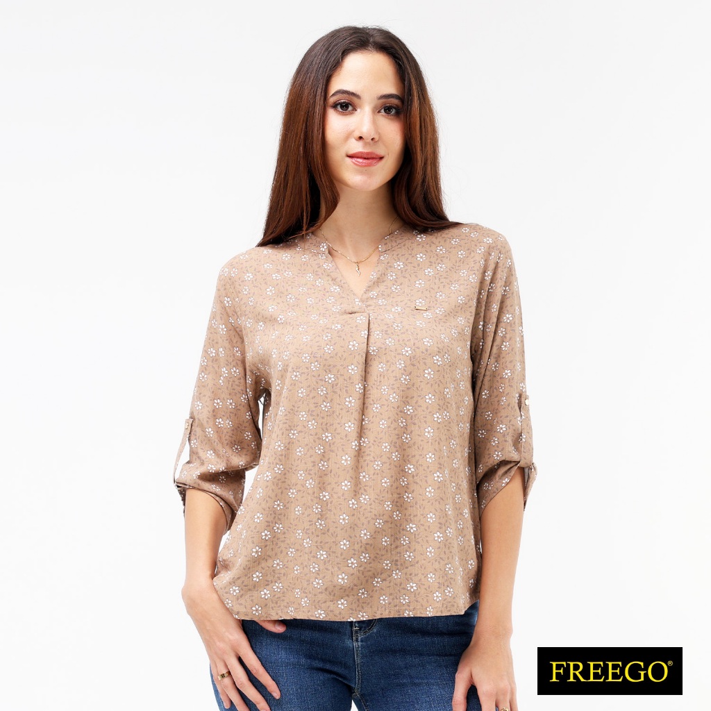 Freego Ladies Woven Printed Linen 3/4 Blouse AST04-0314 | Shopee ...