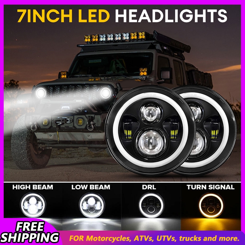7 Inch LED Jeep Headlights 140W 12-24V DRL Hi/Lo Beam Ring Amber Angel ...