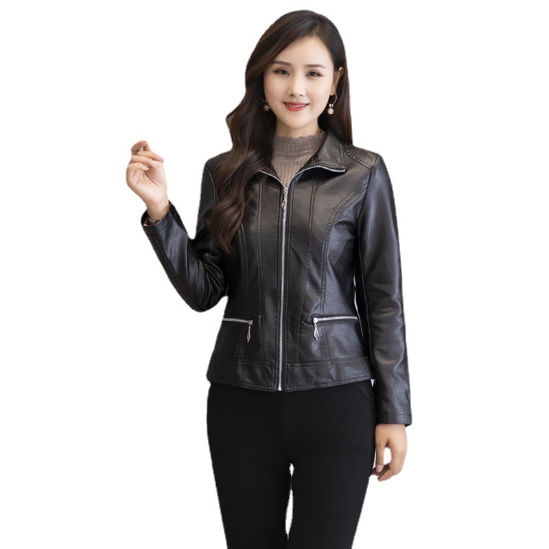 Korean style straight lapel leather jacket women's short leather jacket ...