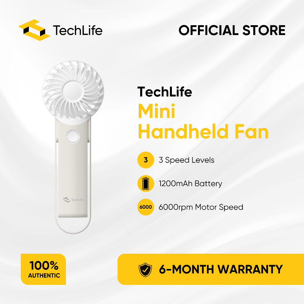 TechLife Mini Handheld Fan l 3 Speed Levels l Up to 4-Hour Battery Life ...