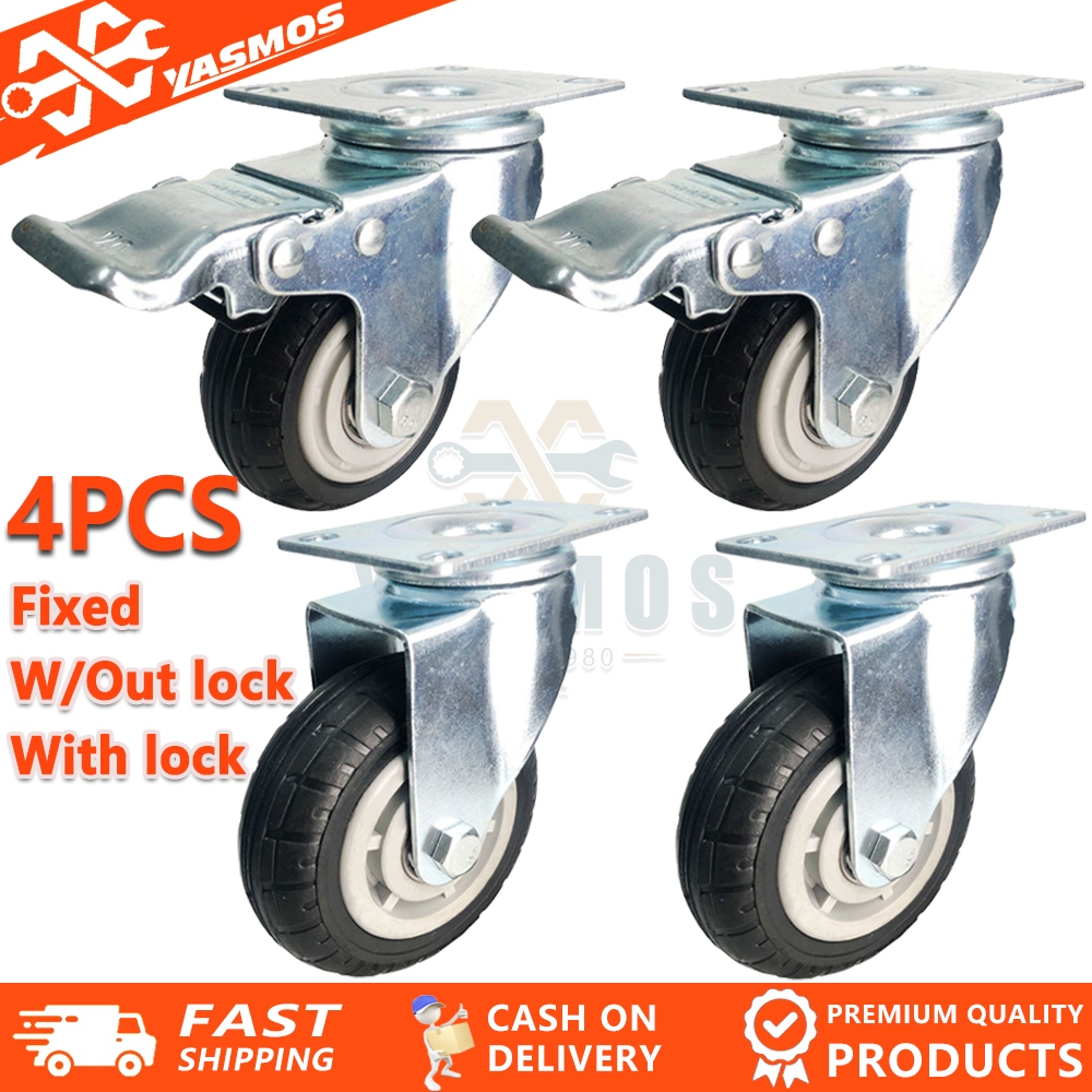 4PCS Swivel Caster Wheels Black Mute Rubber Casters Fixed/Rotate (With ...