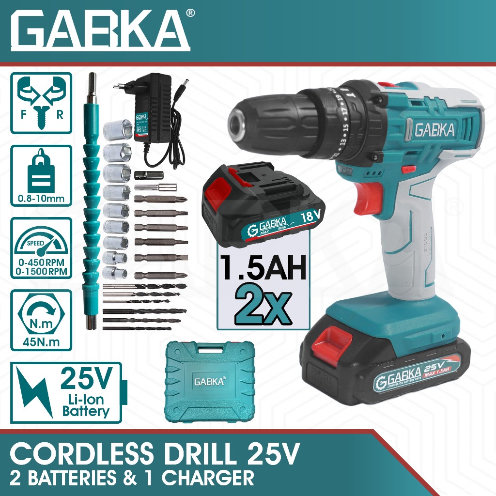 GABKA Cordless Drill 25V (2 Batteries 1 Charger) 2 Speed Li-ion Battery ...