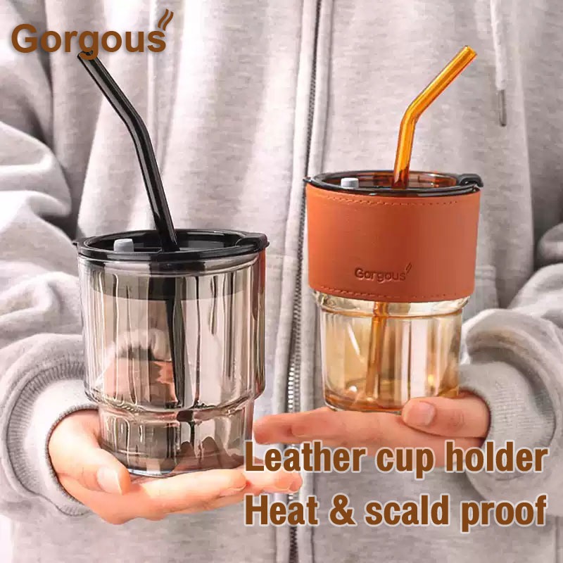 Gorgous 400mL Glass Cup Heat Resistant Glass Straw With Cover Coffee ...