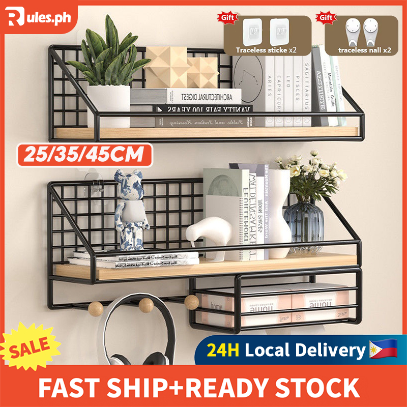 Rules Punch-Free Wood Floating Shelf Wall Organizer Hanging Shelves ...