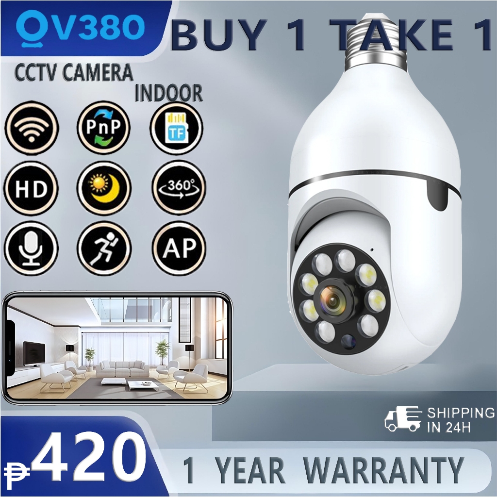 CCTV Bulb Camera V380 PRO 360° Panoramic HD Auto Tracking 2 Way Audio ...