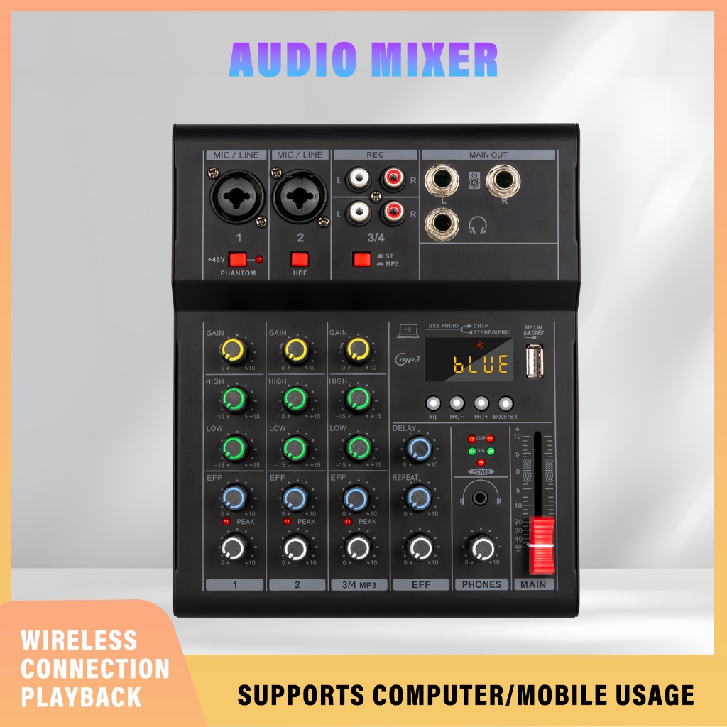 4 Channel Audio Mixer 48V Phantom Power Monitor Path Portable Mini ...