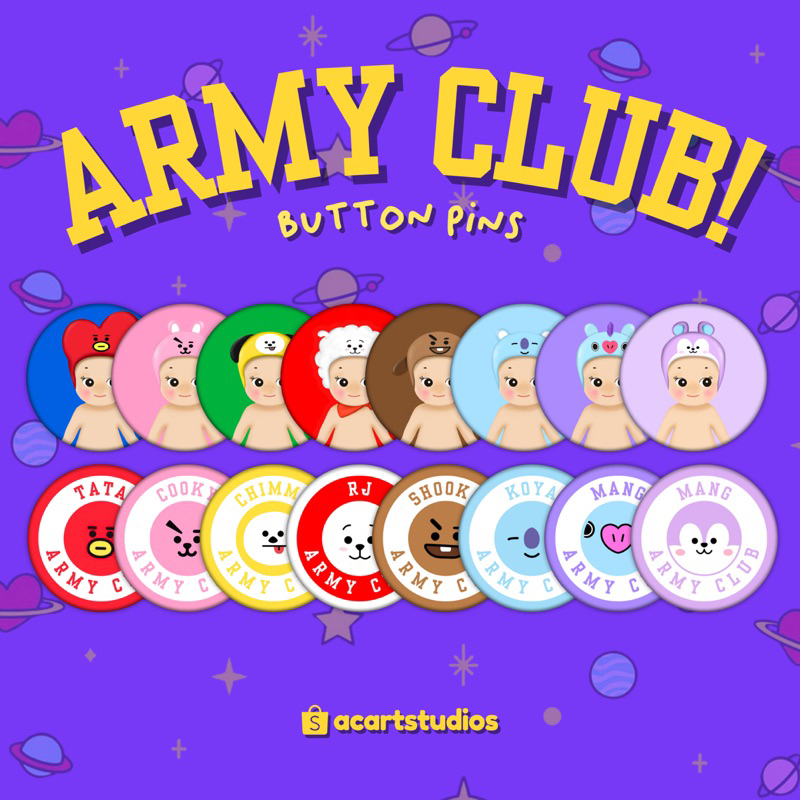 BTS ARMY CLUB Sonny Angel Button Pins (Jin, RM, Suga, J-Hope, Jimin ...
