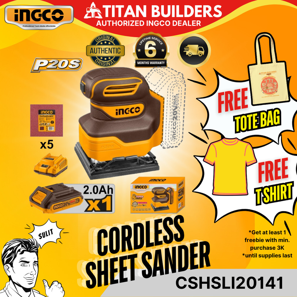 Ingco by Titan Cordless Sheet Sander 20V 12000rpm 5 sandpapers 2.0Ah ...
