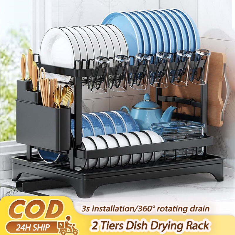 2 Tiers Dish Drying Rack Plate Drainer Rack Metal Kitchen Organizer ...