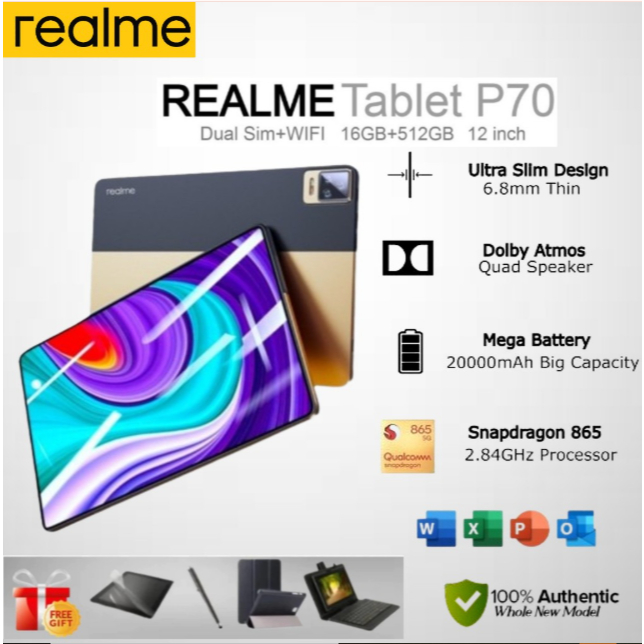 𝐑𝐞𝐚𝐥𝐦𝐞 Tablet P70 12 Inch Android 13.0 16GB RAM 512GB ROM Dual SIM 5G LTE WiFi 2.4/5G Android ...