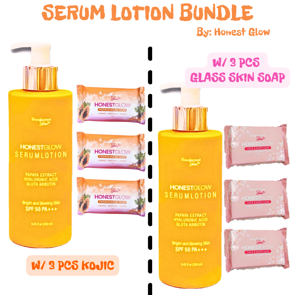 Honest Glow Serum Lotion with 3 Kojic Papaya Soap 70g and Glass Skin Soap Bundle - Moisturize ...