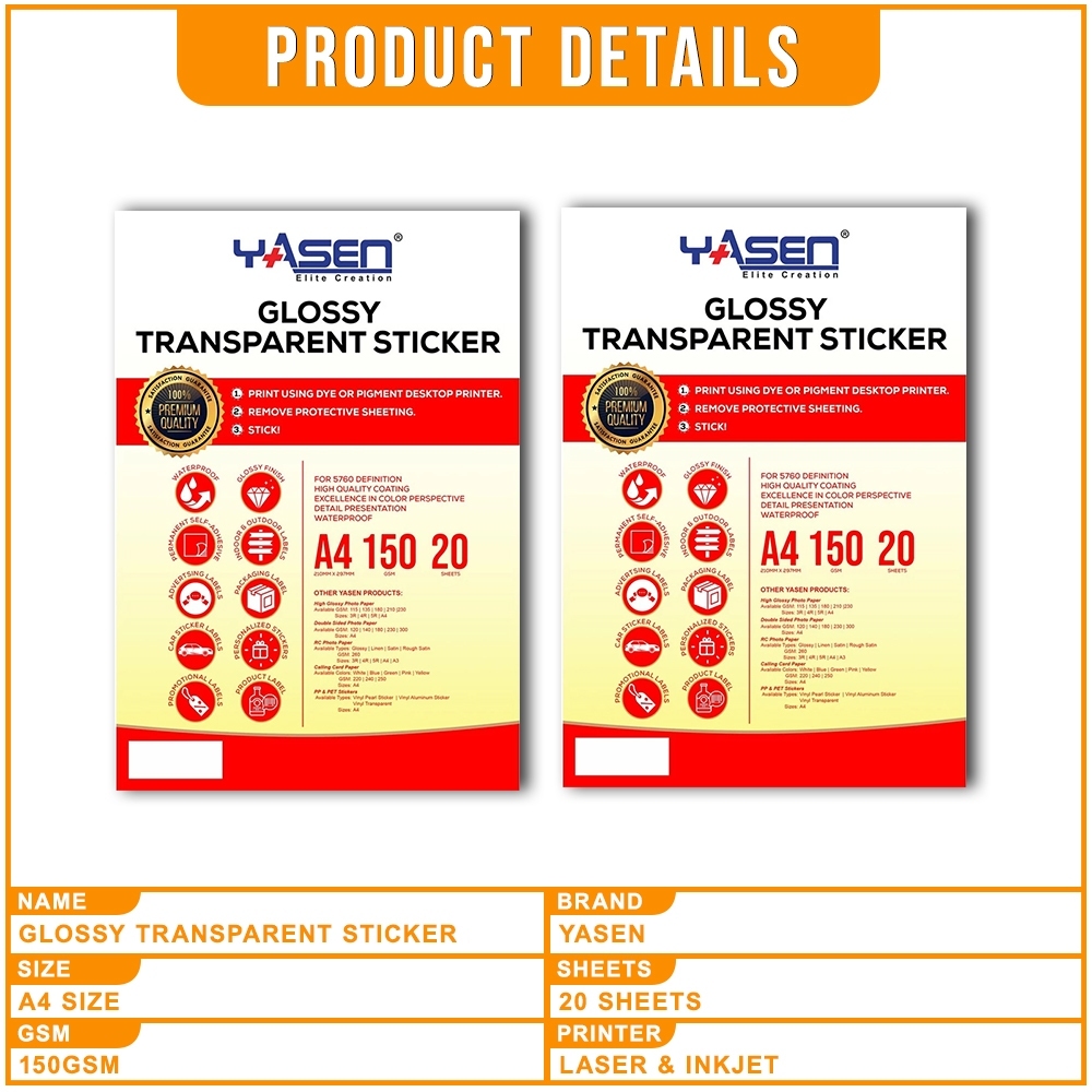 A4 Size Waterproof Sticker Paper Transparent YASEN Vinyl Sticker 150GSM ...