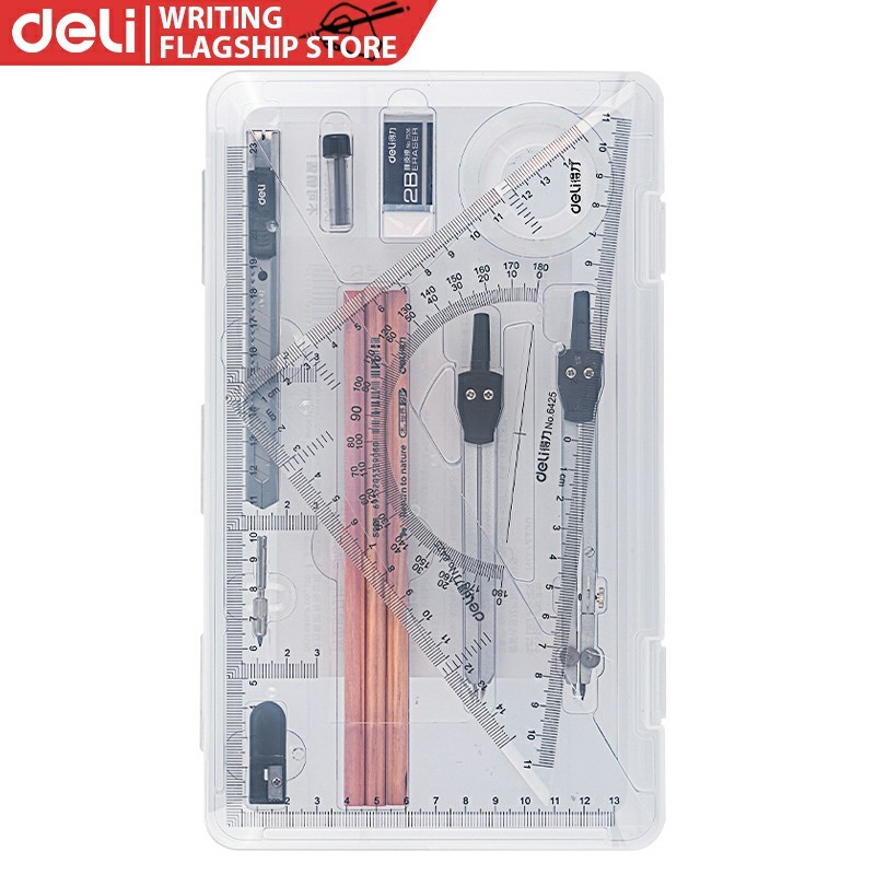Deli Mechanical Drawing Set 16 Pieces Suit Drawing Ruler Pencil Compass ...