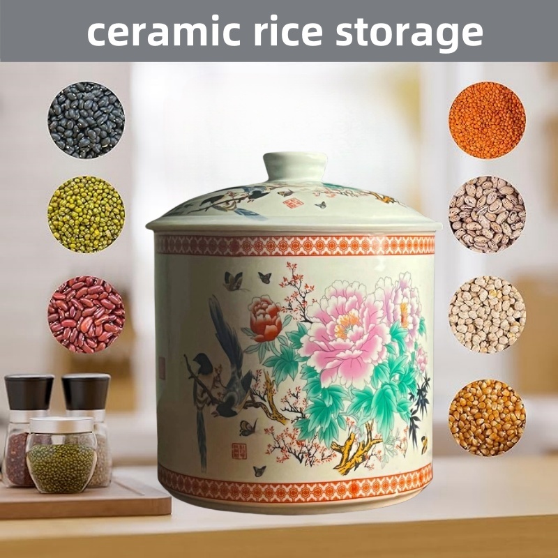 Ceramic rice dispenser 5kg 10kg 15kilos clay jar with lid porcelain ...