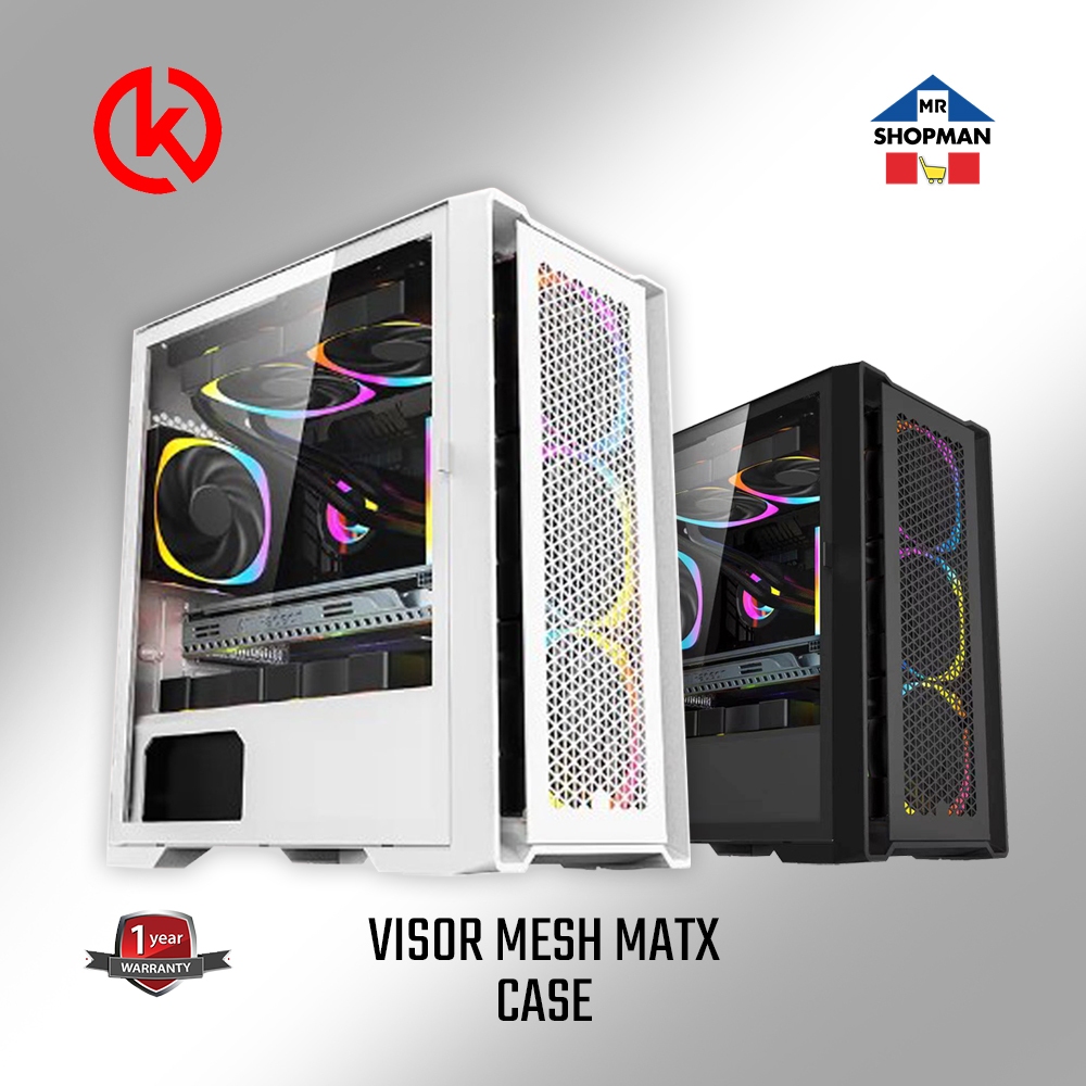 Keytech VISOR MESH Black / White MATX Case Tempered Glass PC Chassis ...