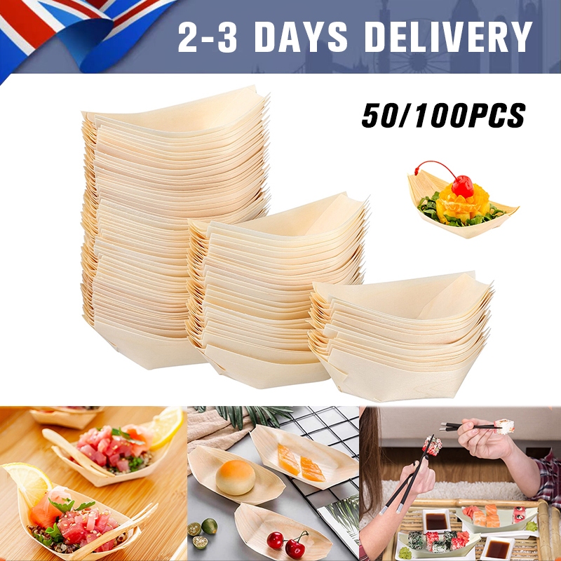 100 Disposable Sushi Wood Boat Food Trays Dishes Mini Bamboo Serving ...