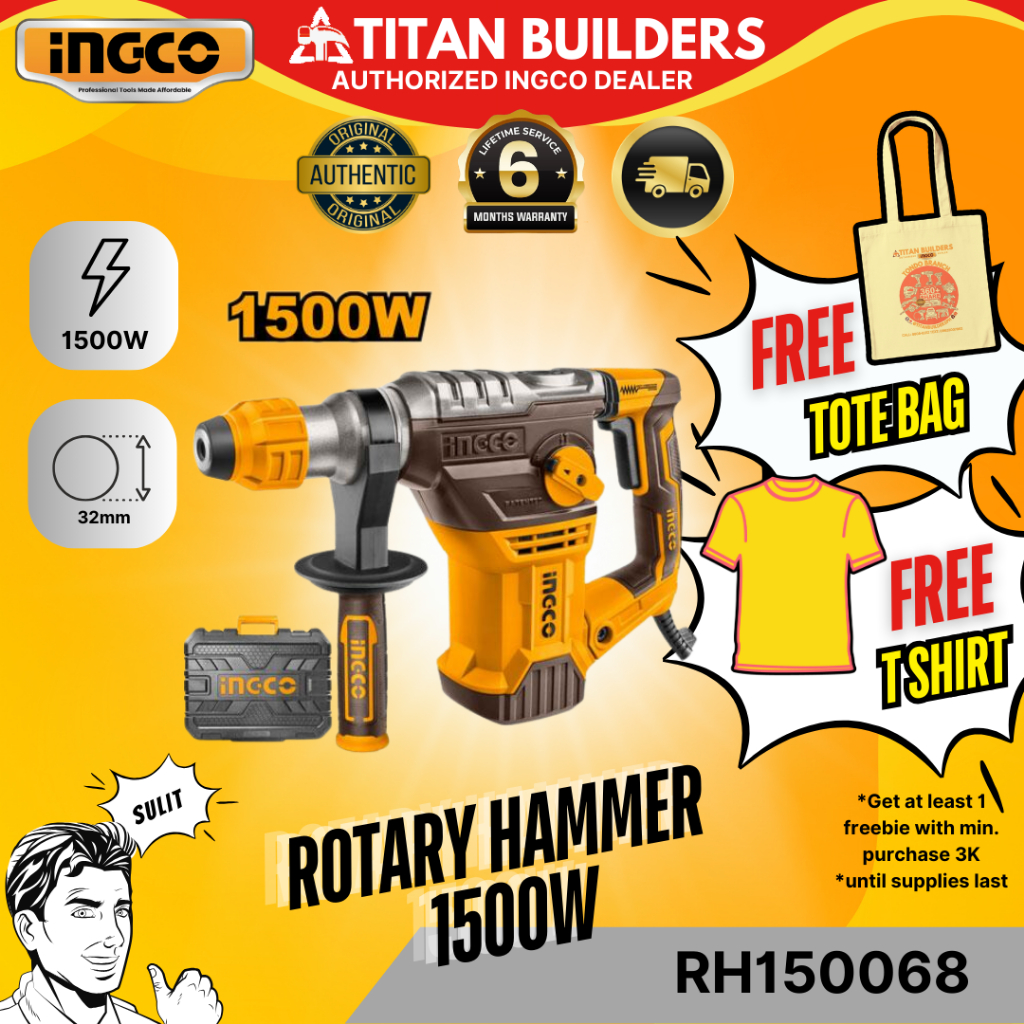 Ingco by Titan Rotary Hammer 1500W 5.5J, 32mm Concrete SDS Plus, Chisel ...