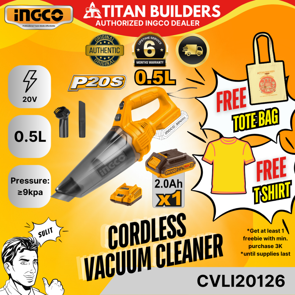 Ingco by Titan Cordless Vacuum Cleaner 20V P20S 0.5L 9kPa 2.0Ahx1 with ...