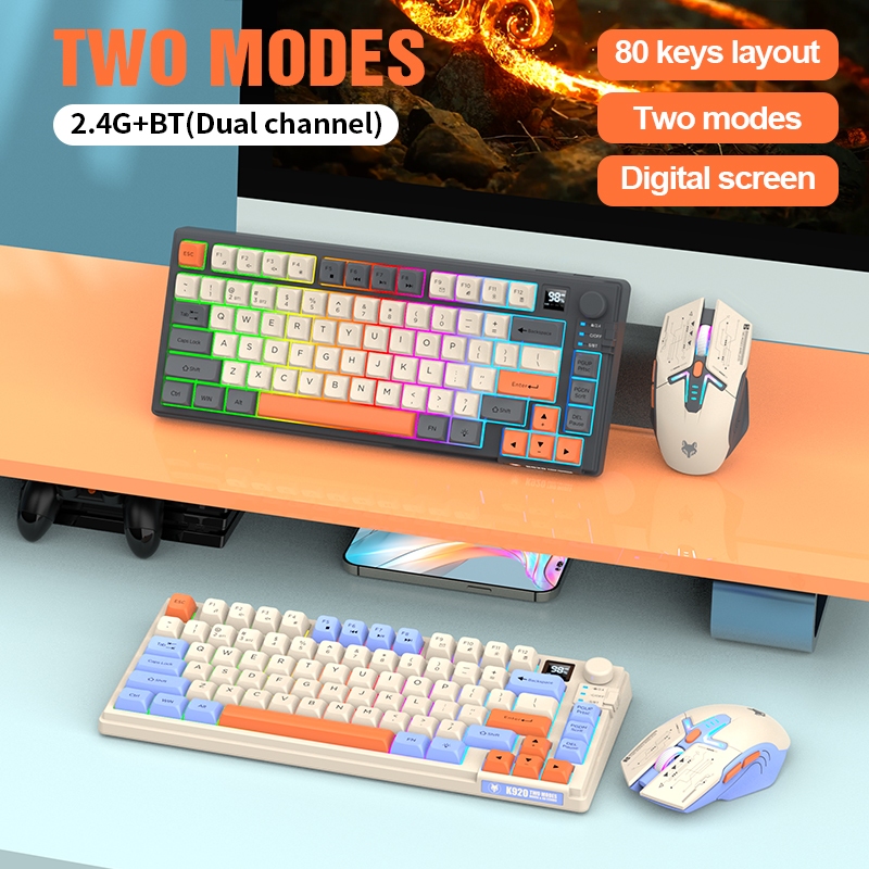 K920 81-Keys 2.4G+5.4 Bluetooth screen wireless Gaming keyboard and mouse set /mechanical ...