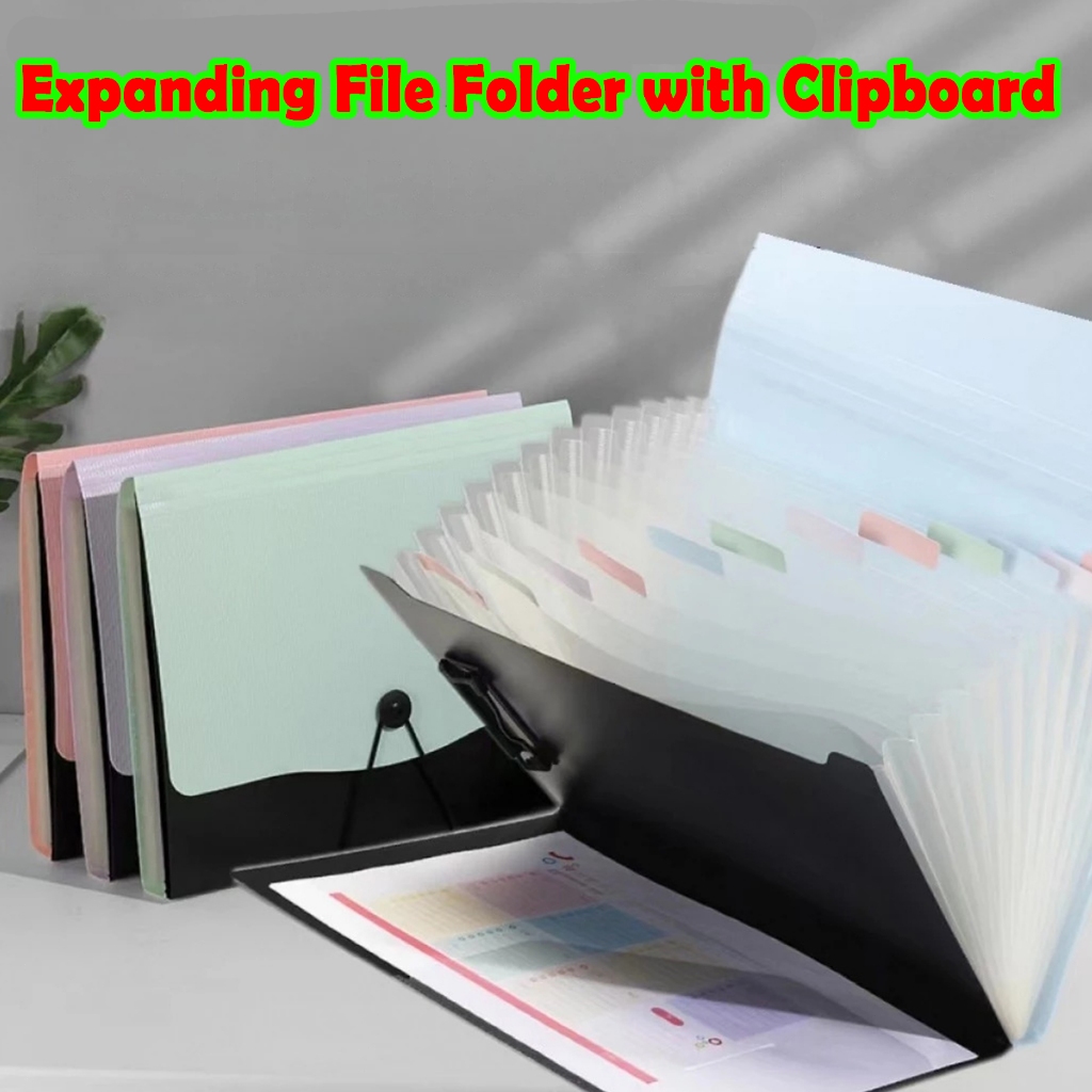 2-in-1 Long Expanding File Folder with Clipboard 13 Pockets A4 Folder ...