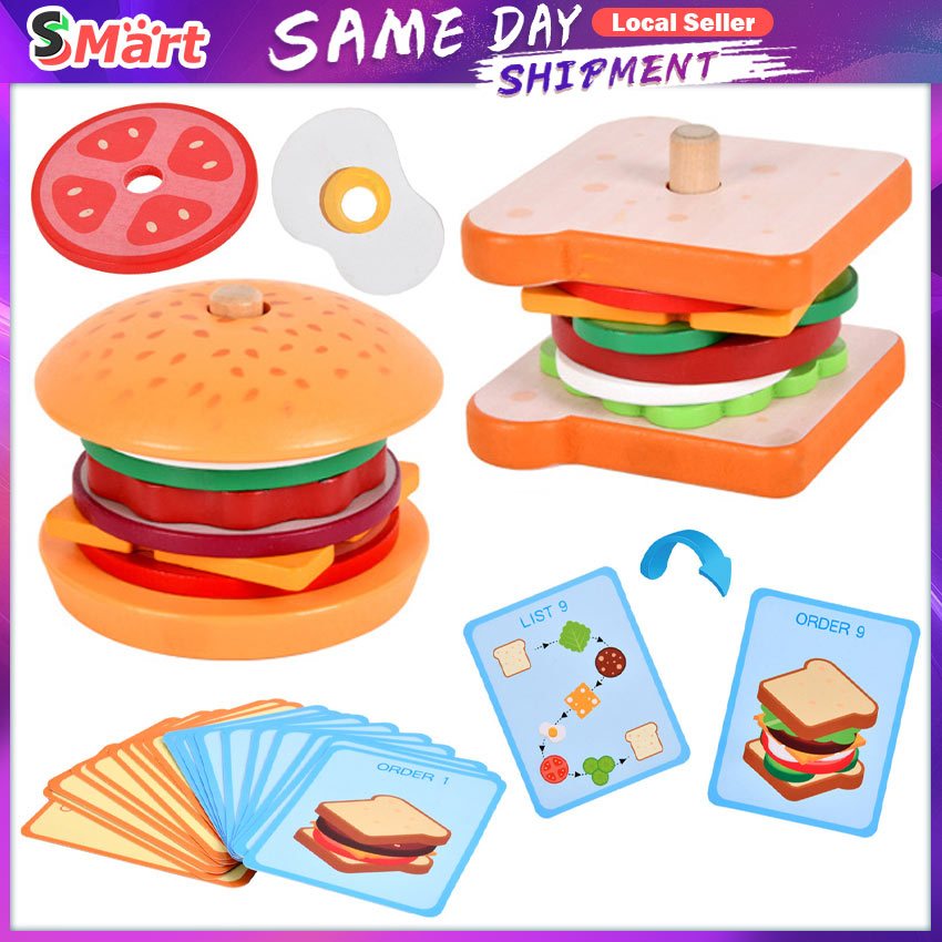 Wooden Sandwich Burger Sorting Stacking Toys Simulated Kitchen Toys for ...