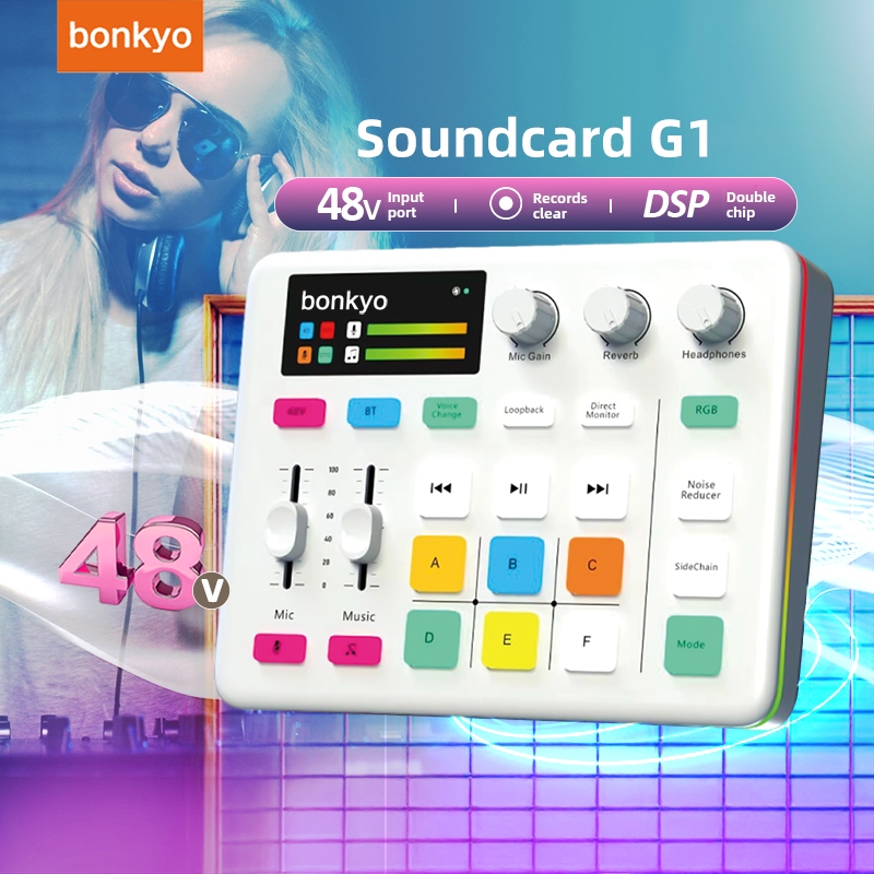 Bonkyo G1 48V SoundCard Streaming RGB PC Mixer with XLR Mic Interface ...
