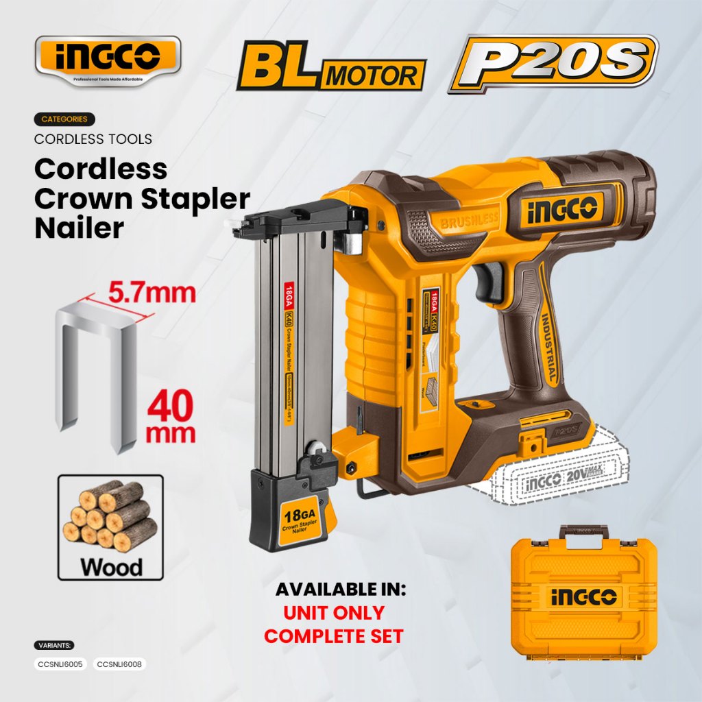 Ingco K10-K40 20V Brushless Cordless Crown Stapler Nailer 3 nail/s ...