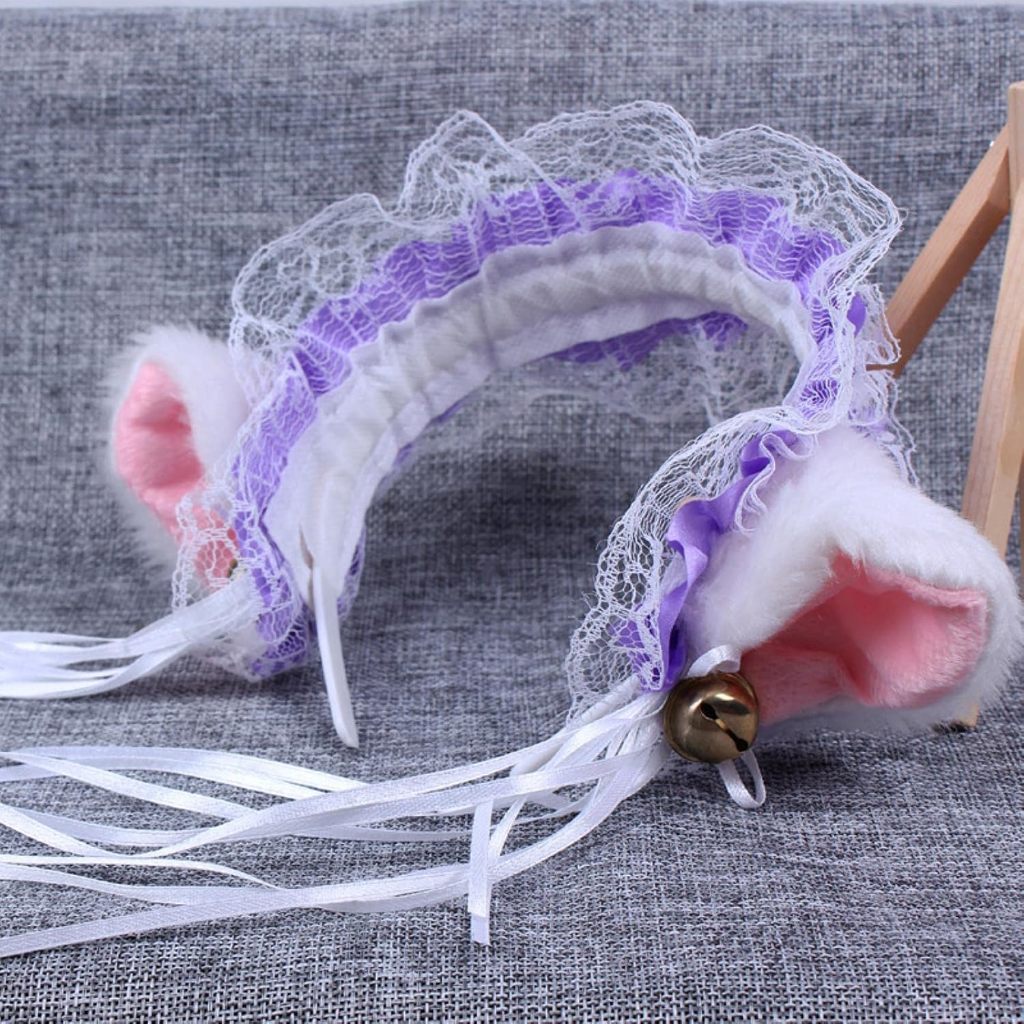 White Lolita Cat Ears Headband Costume Cosplay Purple Lace Bell Cute ...