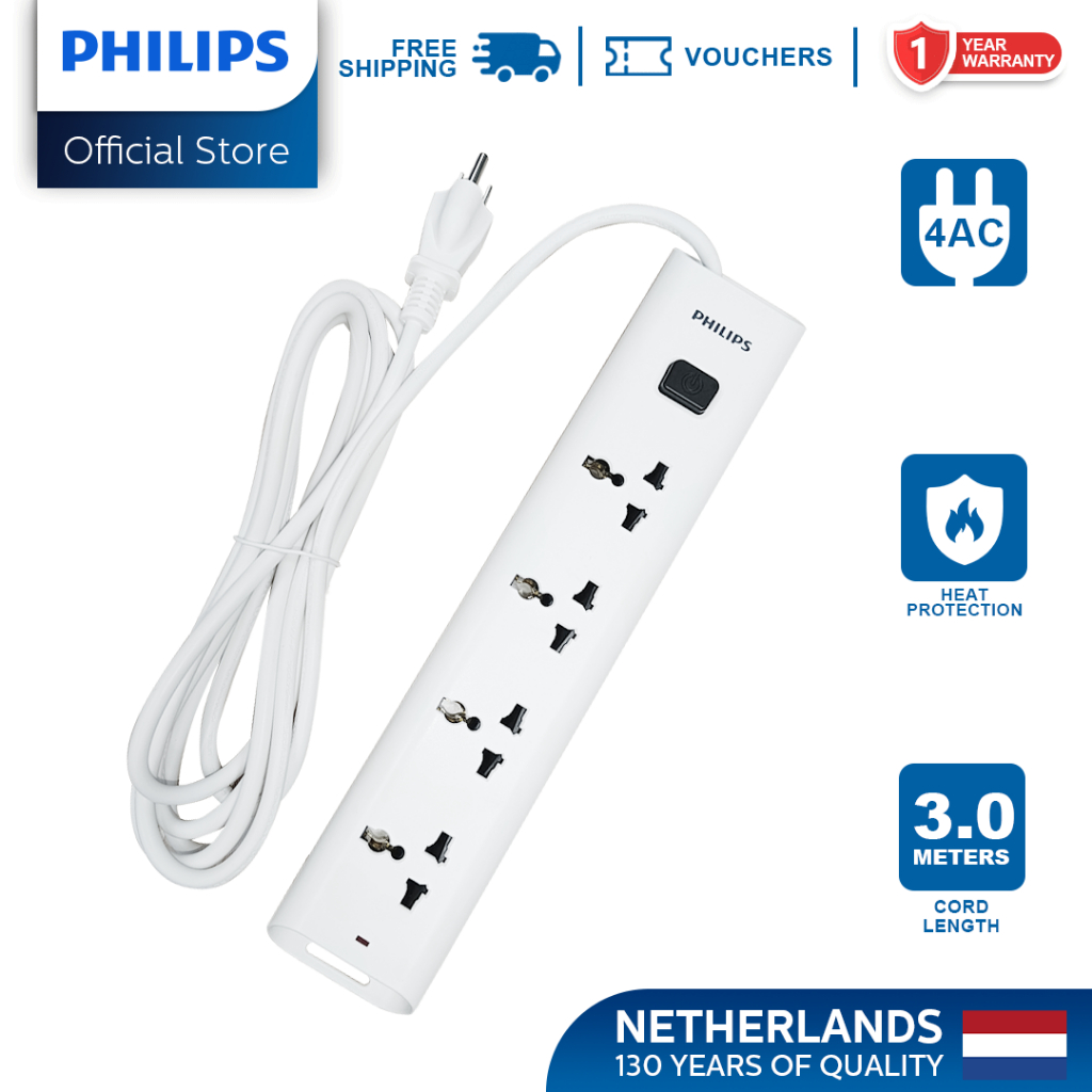 Philips 4 Universal Power Outlet 3 Meters Extension | Shopee Philippines