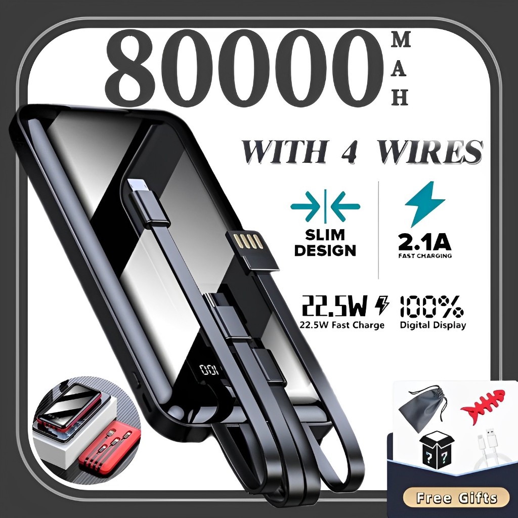 Power Bank Original 800000mAh Built-in 4 Cables with LED Light and ...