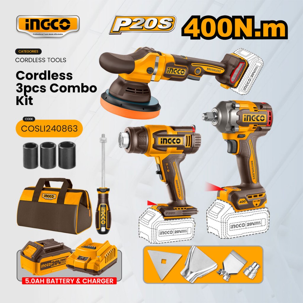 Ingco 3pcs Cordless Combo Kit 400Nm Brushless Impact Wrench w/ 6 ...