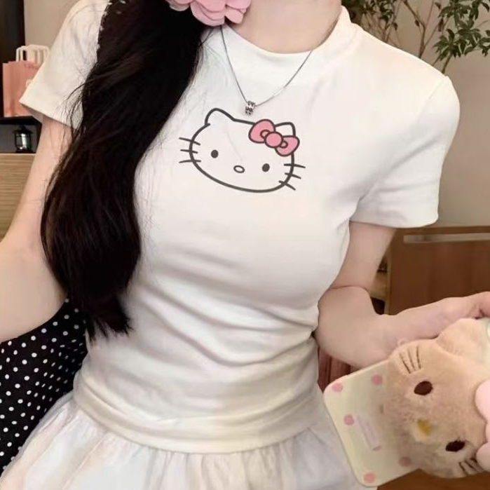 Tops Hello Kitty Loose T-shirt Pattern Round Neck 100% Cotton Cropped ...