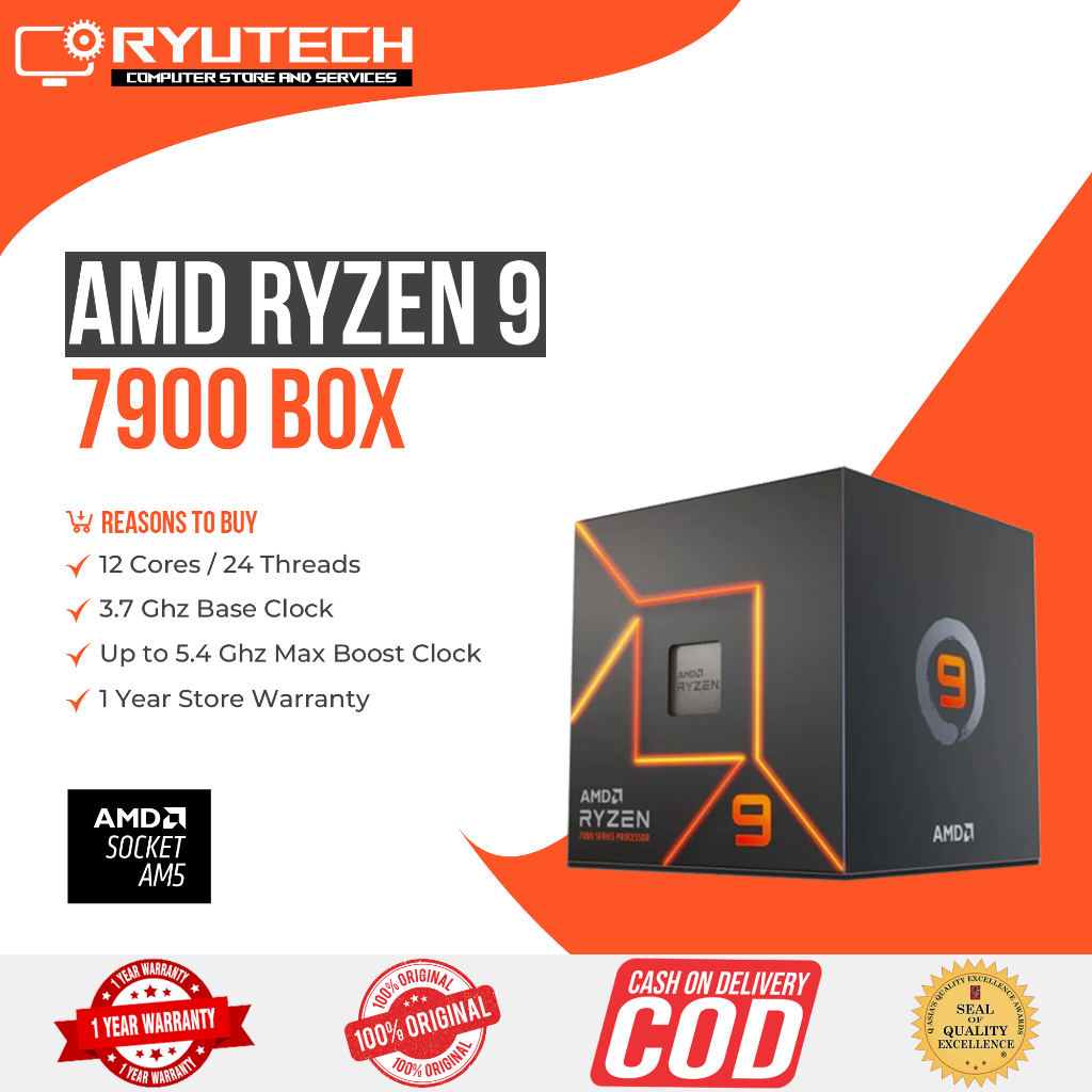 AMD RYZEN 9 7900 BOX 12 Cores / 24 Threads 3.7 Ghz Base Clock Up to 5.7 ...
