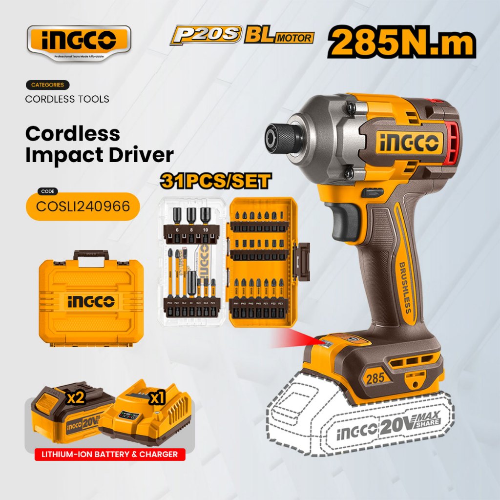 Ingco 285Nm 20V Brushless Cordless Impact Driver w/ 31pcs Bits Set ...