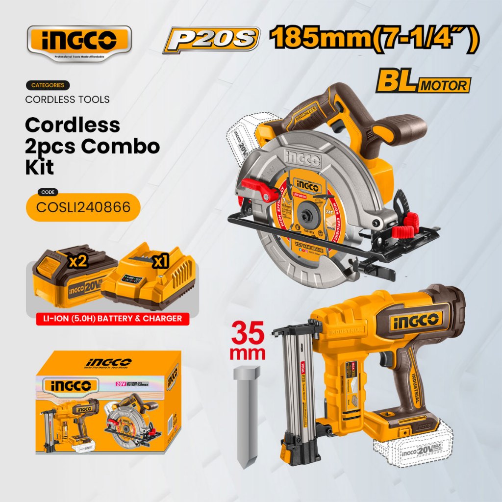 Ingco 2pcs 20V Cordless Combo Kit 185mm Brushless Circular Saw w/ Brad ...