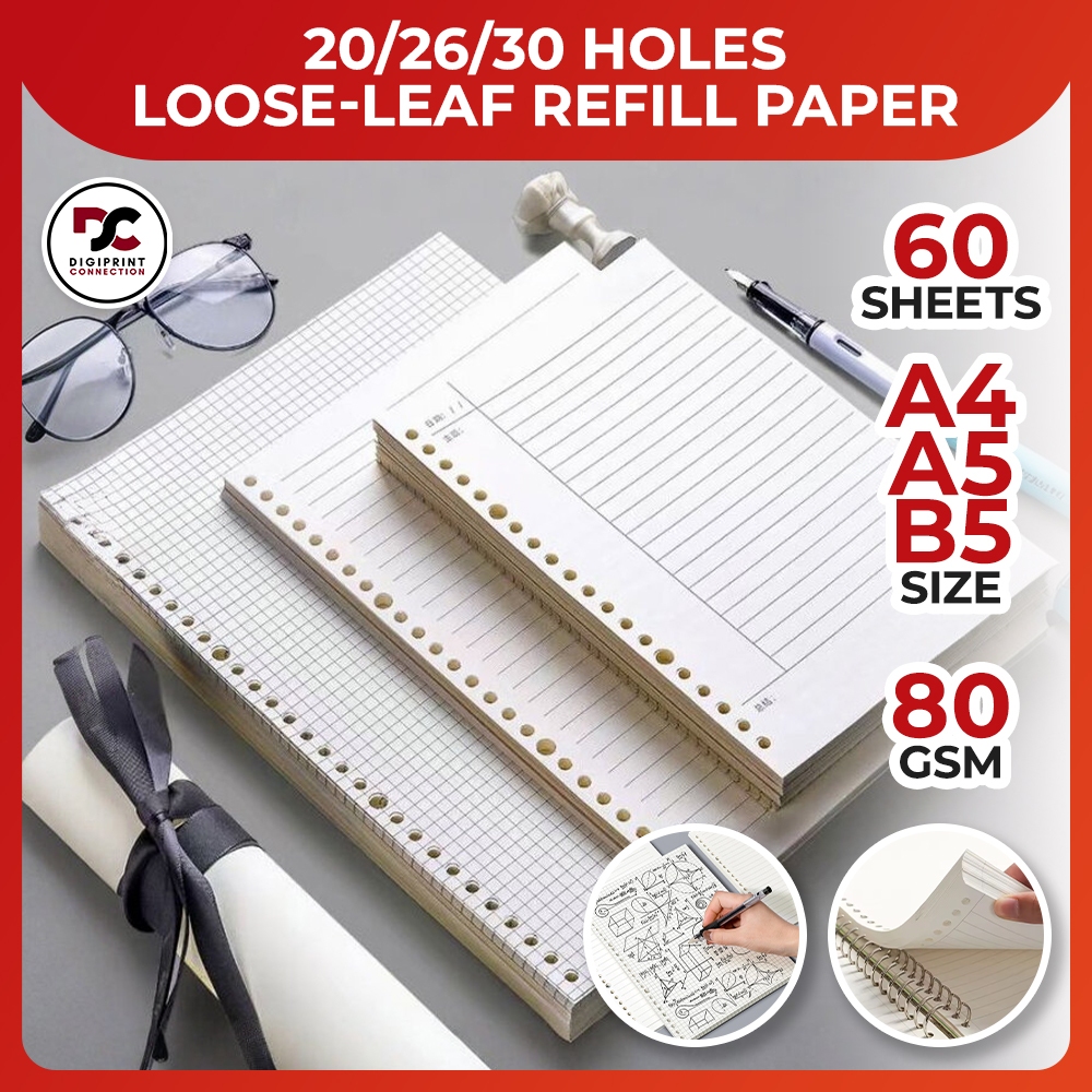 60 Sheets Refill Paper A5 B5 A4 20/26/30 Holes Loose-Leaf Refillable Notebook Binder | Shopee ...