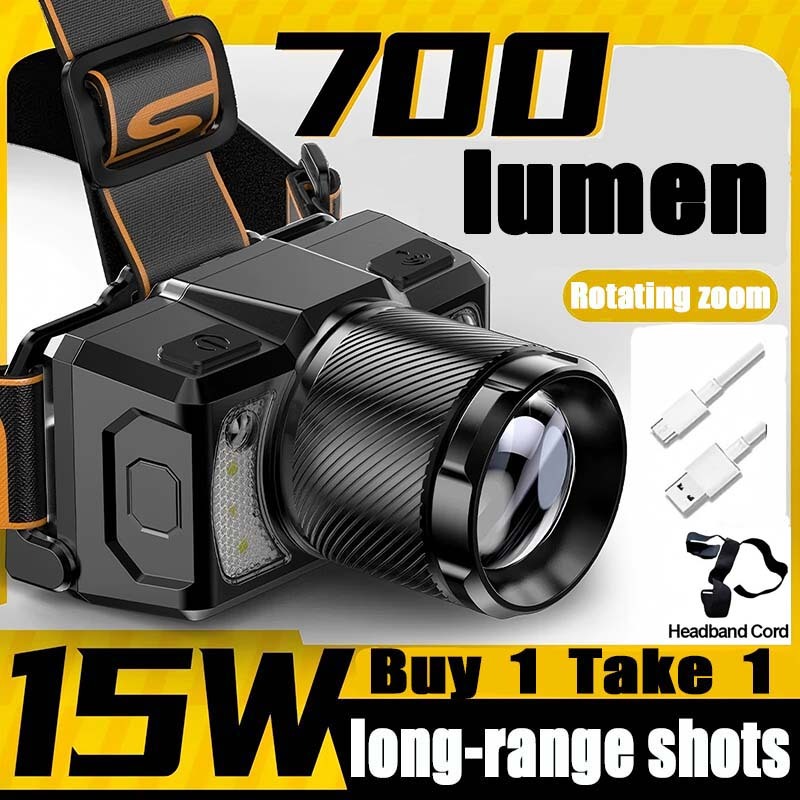 Zoom Headlight Flashlight 700 lumen Headlamp Rechargeable Induction ...