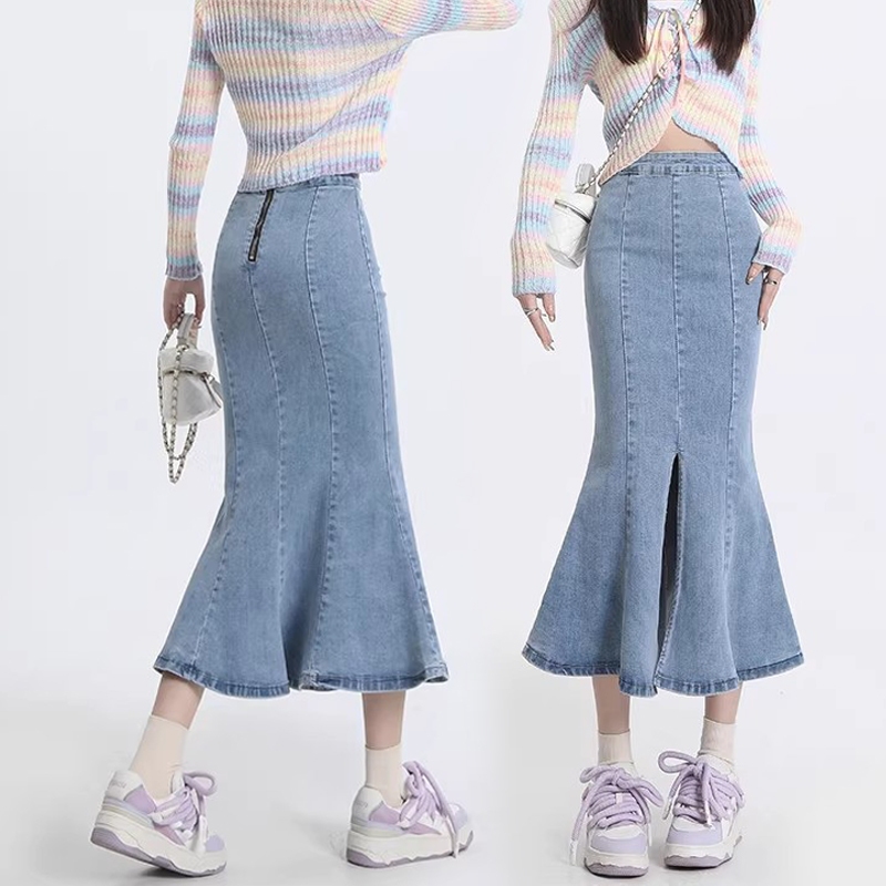fishtail skirt Plus size denim skirt women long A-line korean palda ...