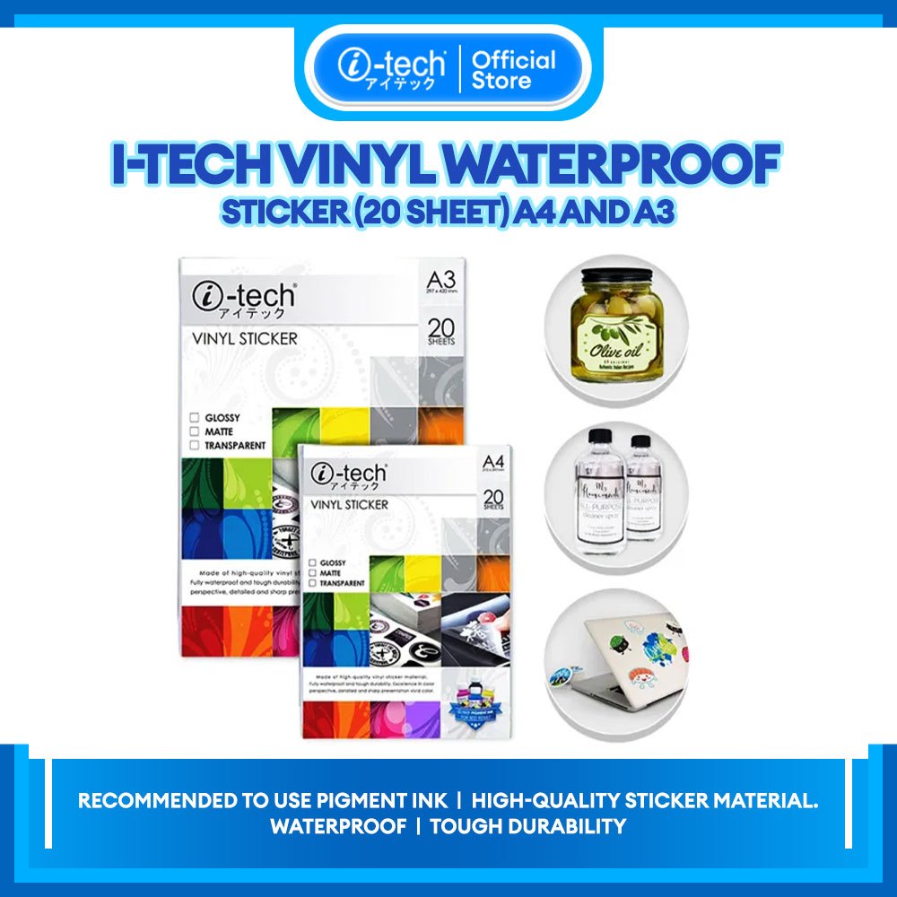 i-tech Waterproof Printable Vinyl Sticker Glossy, Matte Transparent A3 & A4 High-Quality for ...
