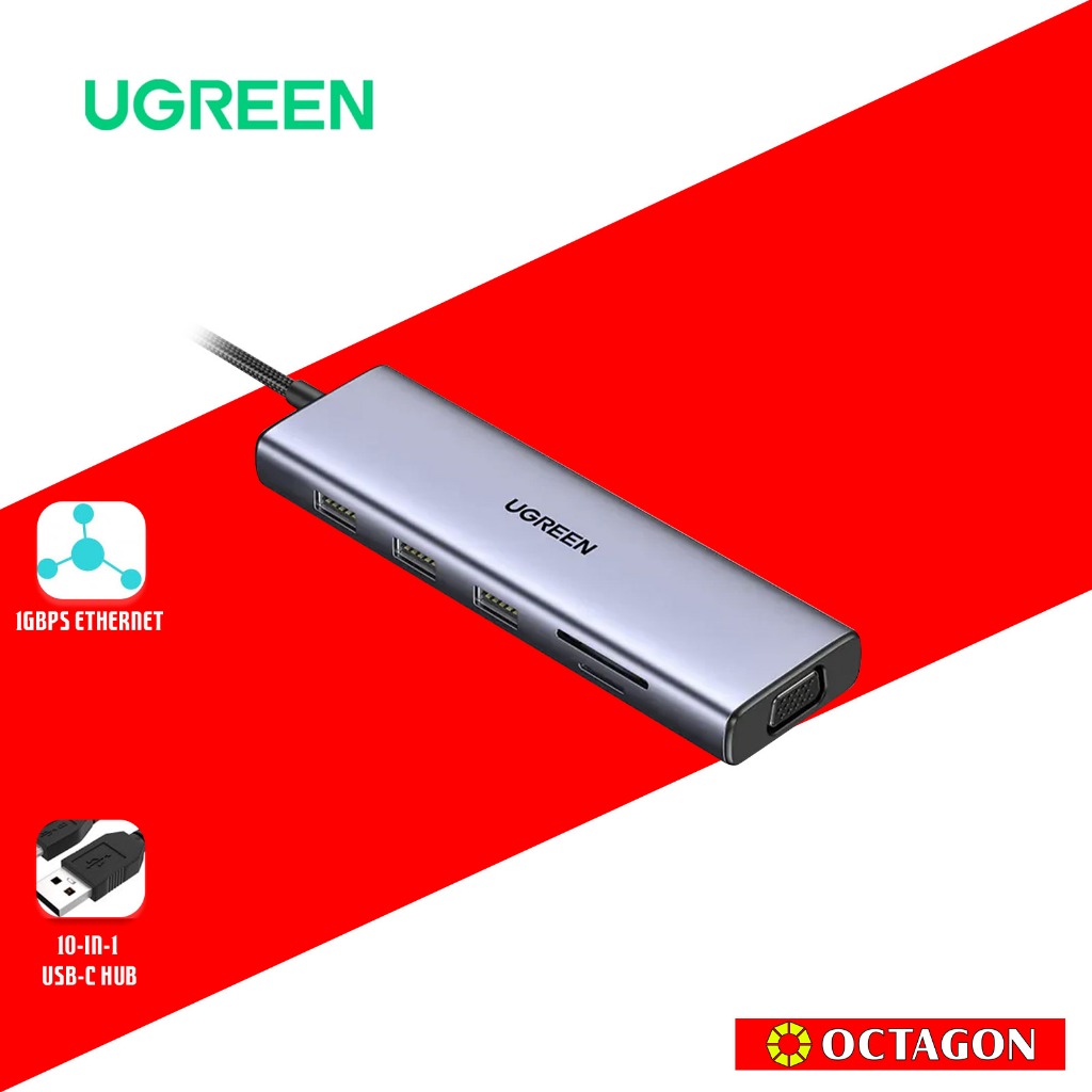 UGREEN CM498/15601 10IN1 USB-C HUB TO USB-C + 3X USB 3.0-A + HDMI + VGA ...