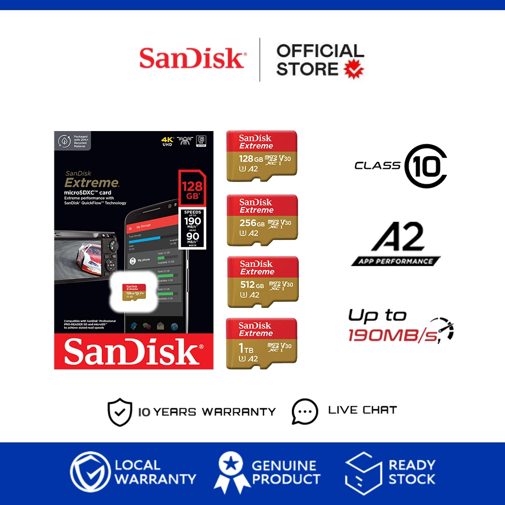 SanDisk Extreme 128GB/256GB/512GB/1TB MicroSDXC MicroSD Card 190MB/S C10 Memory Card With ...