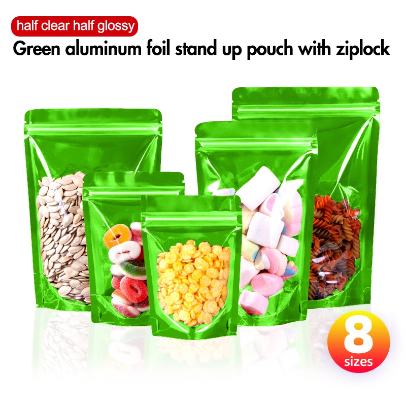 100pcs Half Green Aluminum Half Clear Stand Up Pouch Packaging ...