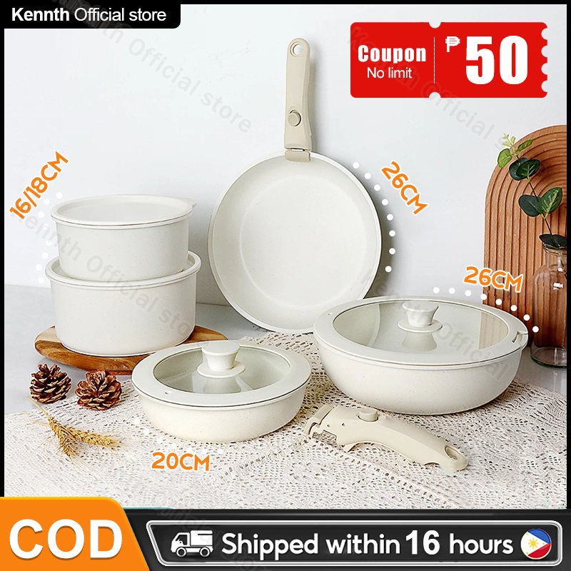 Non Stick Cookware Set 6Pcs Ceramic Coating PFOA Free Removable Handle ...
