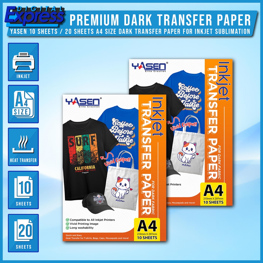A4 Size Dark Transfer Paper Yasen (20 Sheets | 10 Sheet) Inkjet ...