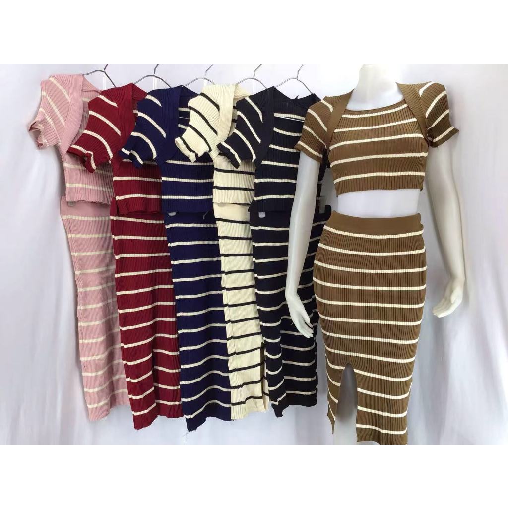 sanyan s3 Fashion Stripe Knitted Terno Top And Skirt Set Crop Top With ...