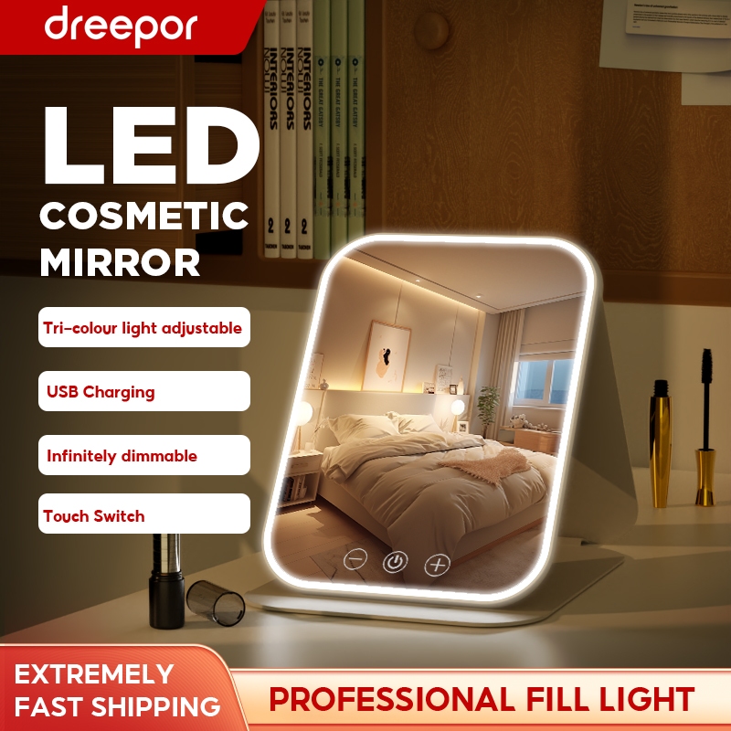 Dreepor Folding Desktop Vanity Mirror LED Makeup Mirror Touch Screen ...