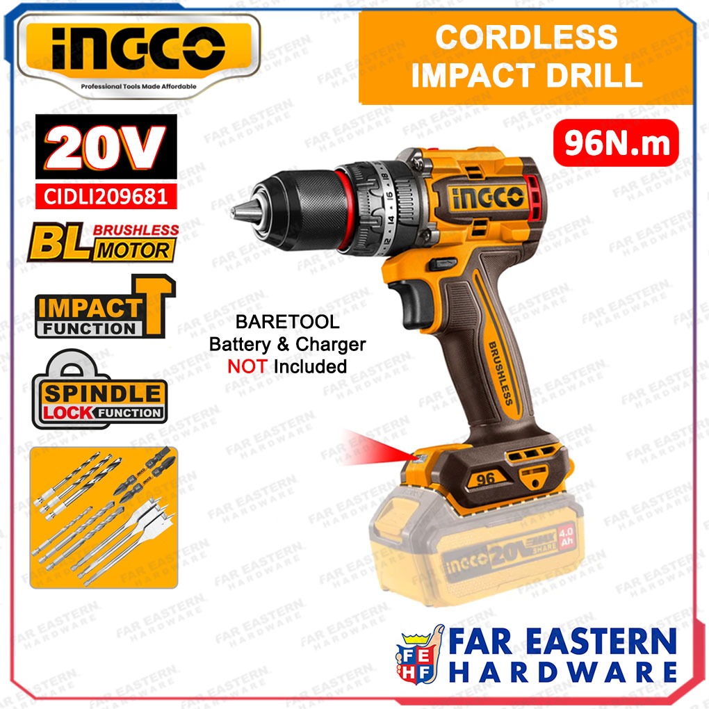 INGCO Cordless Brushless Impact Hammer Drill 20V 96N.m CIDLI209681 ...
